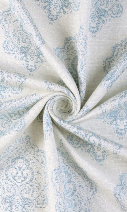 Beautiful cotton-blend custom roman shades with a blue/ off-white ...