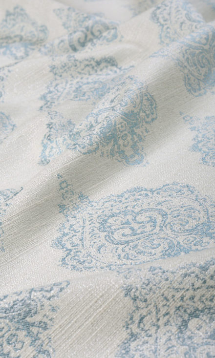 Beautiful cotton-blend custom roman shades with a blue/ off-white ...