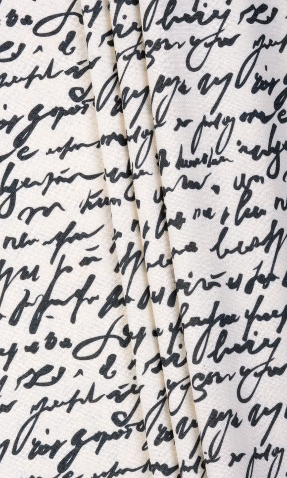 Script Print Curtains Online I Paper White/ Ink Black I Spiffy Spools