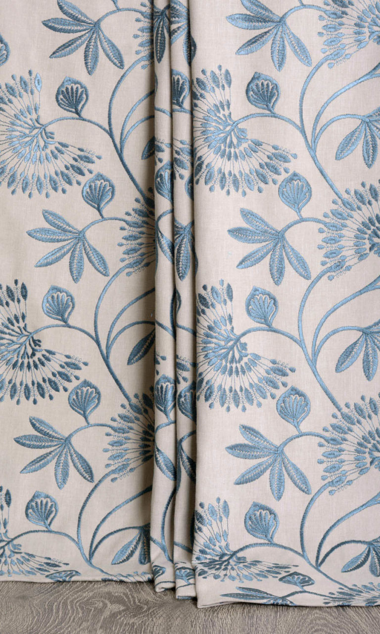 Shop Vine Embroidered Roman Shades Online I Pale Beige/ Ocean Blue