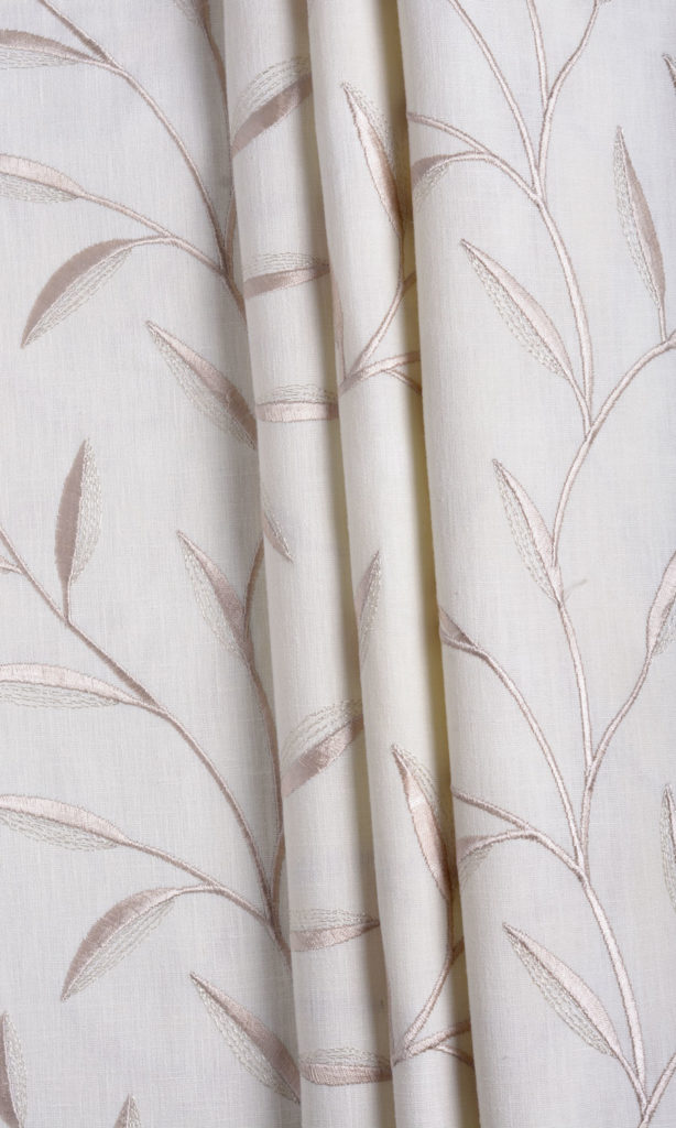 'Pearly Shell' Poly-Linen Floral Embroidery Fabric Sample (White/ Cream)