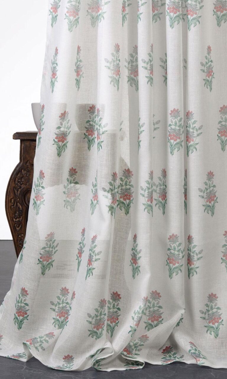 Sheer Floral Fabric By The Yard I White/ Red/ Green