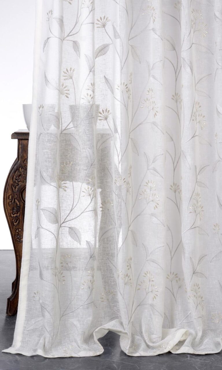 Floral Embroidered Sheer Fabric By The Metre I Grey/ White