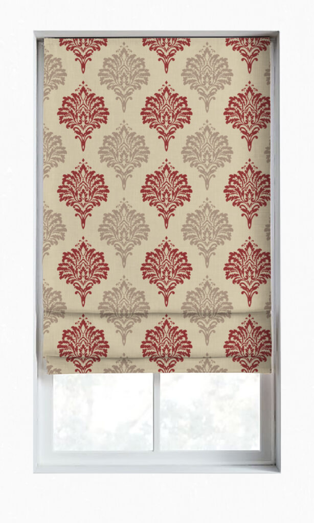 Damask Patterned Dimout Drapes Online I Red/ Stone Grey I Spiffy Spools